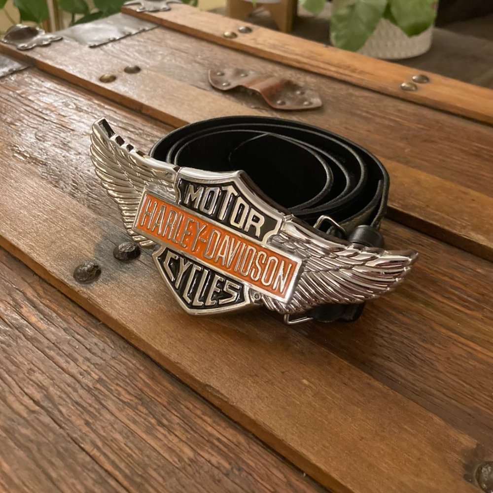 Harley Davidson Embossed Belt With Wings Buckle - Gem